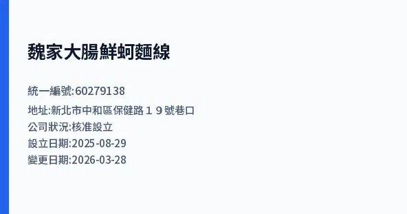 魏家大腸鮮蚵麵線的照片-統編 60279138(新北市) 公司登記資料與營業項目詳細圖表