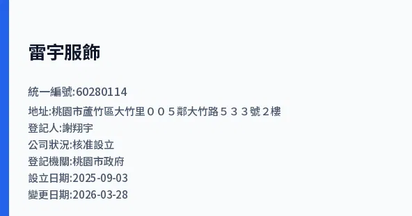 雷宇服飾的照片-統編 60280114(桃園市) 公司登記資料與營業項目詳細圖表