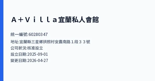 A+Villa宜蘭私人會館的照片-統編 60280347(宜蘭縣) 公司登記資料與營業項目詳細圖表