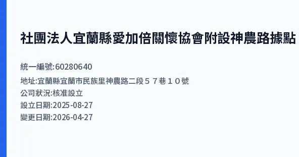 社團法人宜蘭縣愛加倍關懷協會附設神農路據點的照片-統編 60280640(宜蘭縣) 公司登記資料與營業項目詳細圖表
