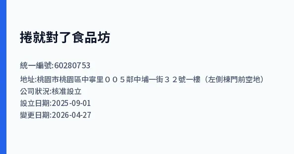 捲就對了食品坊的照片-統編 60280753(桃園市) 公司登記資料與營業項目詳細圖表
