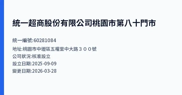 統一超商股份有限公司桃園市第八十門市的照片-統編 60281084(桃園市) 公司登記資料與營業項目詳細圖表