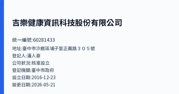 吉樂健康資訊科技股份有限公司的照片-統編 60281433(臺中市) 公司登記資料與營業項目詳細圖表