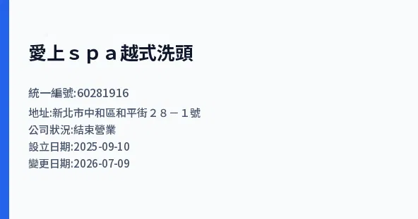 愛上spa越式洗頭的照片-統編 60281916 公司登記資料與營業項目詳細圖表