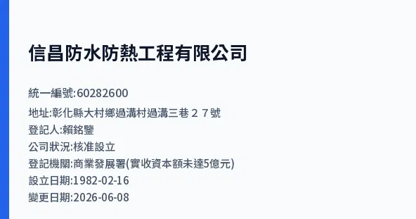 信昌防水防熱工程有限公司的照片-統編 60282600(彰化縣) 公司登記資料與營業項目詳細圖表