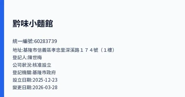 黔味小麵館的照片-統編 60283739(基隆市) 公司登記資料與營業項目詳細圖表