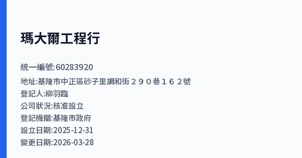 瑪大爾工程行的照片-統編 60283920(基隆市) 公司登記資料與營業項目詳細圖表