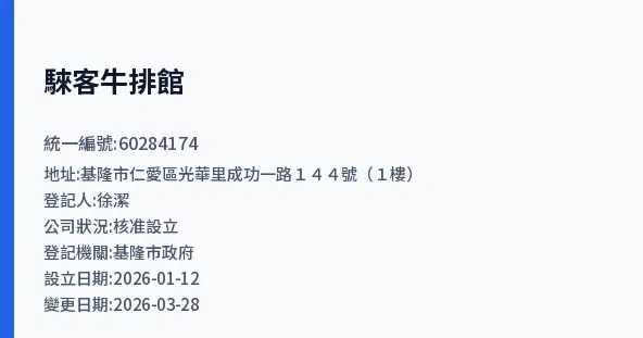 騋客牛排館的照片-統編 60284174(基隆市) 公司登記資料與營業項目詳細圖表