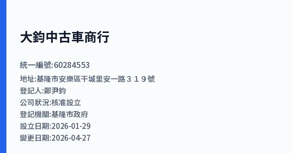 大鈞中古車商行的照片-統編 60284553(基隆市) 公司登記資料與營業項目詳細圖表