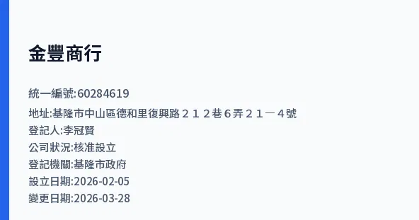 金豐商行的照片-統編 60284619(基隆市) 公司登記資料與營業項目詳細圖表