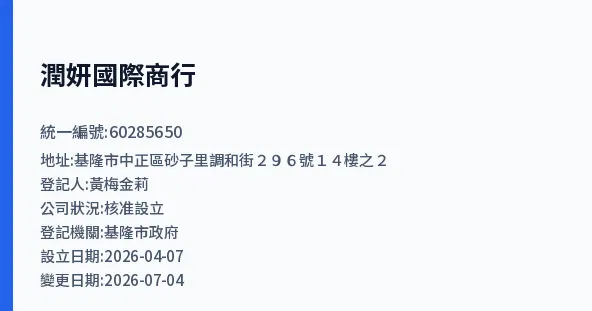 潤妍國際商行的照片-統編 60285650(基隆市) 公司登記資料與營業項目詳細圖表