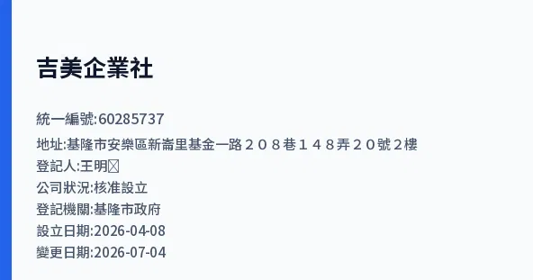 吉美企業社的照片-統編 60285737(基隆市) 公司登記資料與營業項目詳細圖表