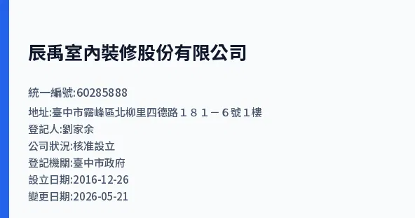 辰禹室內裝修股份有限公司的照片-統編 60285888(臺中市) 公司登記資料與營業項目詳細圖表