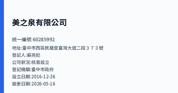 美之泉有限公司的照片-統編 60285992(臺中市) 公司登記資料與營業項目詳細圖表