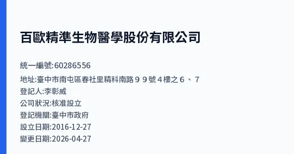 百歐精準生物醫學股份有限公司的照片-統編 60286556(臺中市) 公司登記資料與營業項目詳細圖表