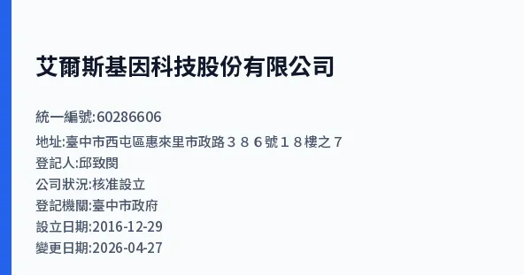 艾爾斯基因科技股份有限公司的照片-統編 60286606(臺中市) 公司登記資料與營業項目詳細圖表