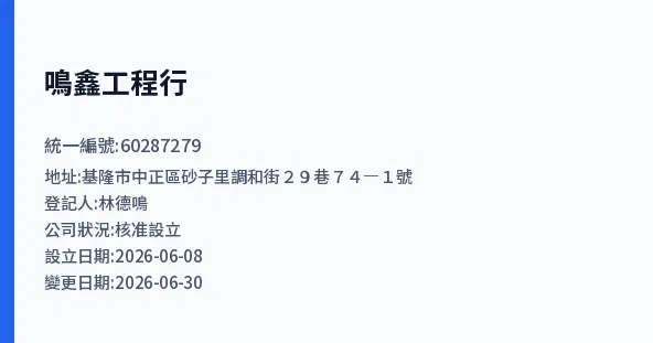 鳴鑫工程行的照片-統編 60287279(基隆市) 公司登記資料與營業項目詳細圖表