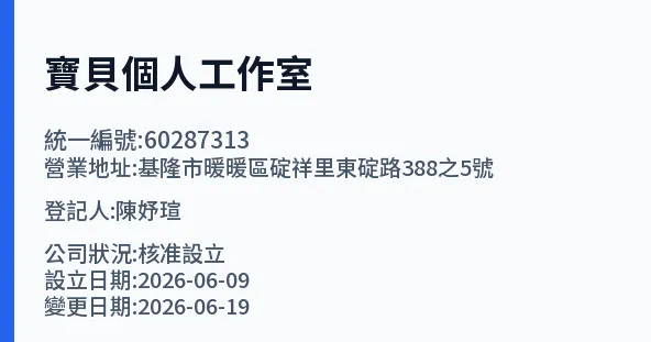 寶貝個人工作室的照片-統編 60287313(基隆市) 公司登記資料與營業項目詳細圖表