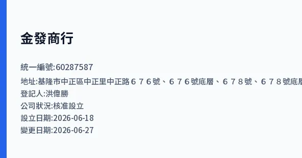 金發商行的照片-統編 60287587(基隆市) 公司登記資料與營業項目詳細圖表
