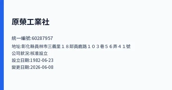 原榮工業社的照片-統編 60287957(彰化縣) 公司登記資料與營業項目詳細圖表