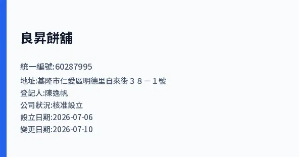 良昇餅舖的照片-統編 60287995(基隆市) 公司登記資料與營業項目詳細圖表