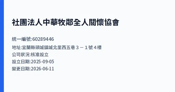 社團法人中華牧鄰全人關懷協會的照片-統編 60289446 公司登記資料與營業項目詳細圖表