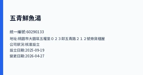 五青鮮魚湯的照片-統編 60290133(桃園市) 公司登記資料與營業項目詳細圖表