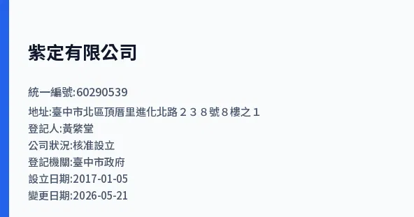 紫定有限公司的照片-統編 60290539(臺中市) 公司登記資料與營業項目詳細圖表