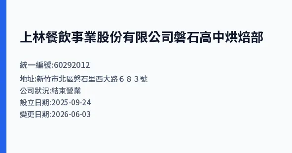 上林餐飲事業股份有限公司磐石高中烘焙部的照片-統編 60292012(新竹市) 公司登記資料與營業項目詳細圖表