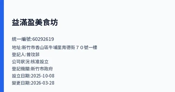 益滿盈美食坊的照片-統編 60292619(新竹市) 公司登記資料與營業項目詳細圖表