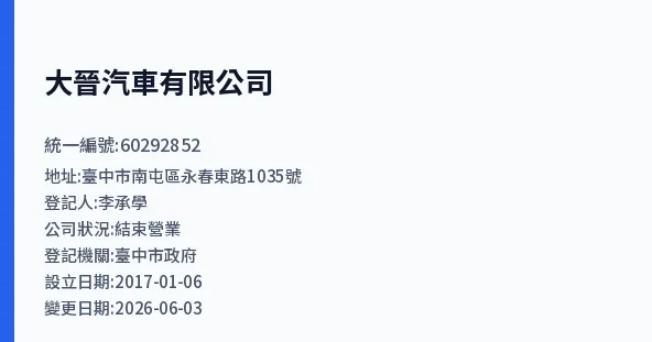 大晉汽車有限公司的照片-統編 60292852(臺中市) 公司登記資料與營業項目詳細圖表
