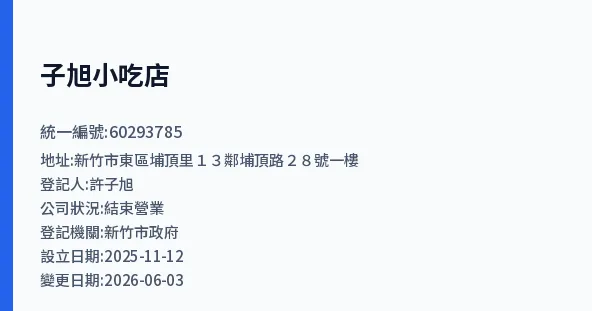 子旭小吃店的照片-統編 60293785(新竹市) 公司登記資料與營業項目詳細圖表