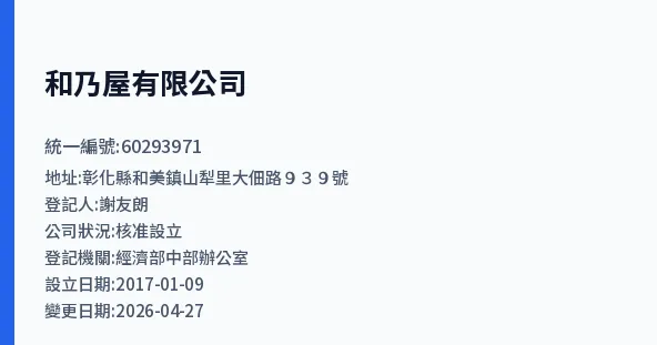 和乃屋有限公司的照片-統編 60293971(彰化縣) 公司登記資料與營業項目詳細圖表