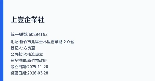 上豈企業社的照片-統編 60294193(新竹市) 公司登記資料與營業項目詳細圖表