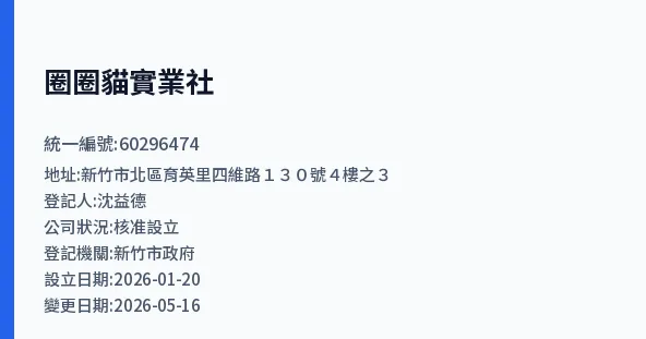 圈圈貓實業社的照片-統編 60296474(新竹市) 公司登記資料與營業項目詳細圖表