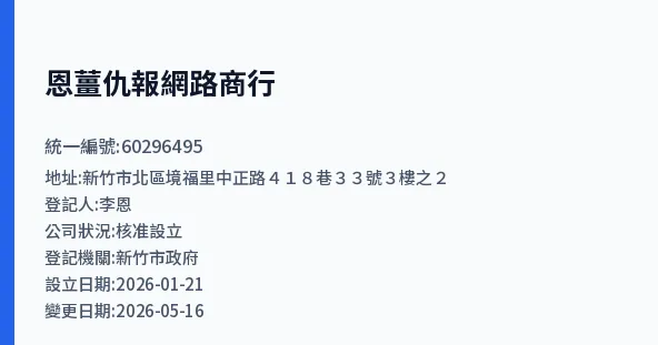 恩薑仇報網路商行的照片-統編 60296495(新竹市) 公司登記資料與營業項目詳細圖表