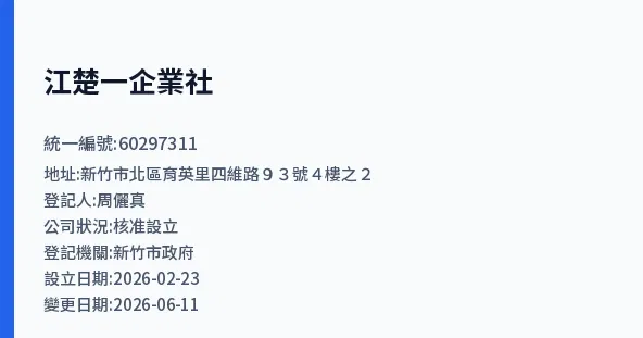 江楚一企業社的照片-統編 60297311(新竹市) 公司登記資料與營業項目詳細圖表