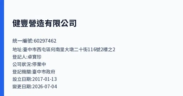 健豐營造有限公司的照片-統編 60297462(臺中市) 公司登記資料與營業項目詳細圖表