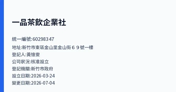 一品茶飲企業社的照片-統編 60298347(新竹市) 公司登記資料與營業項目詳細圖表