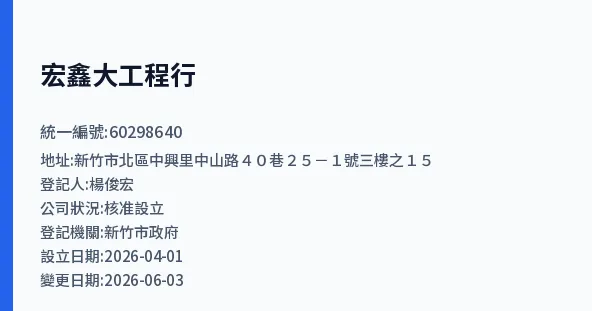 宏鑫大工程行的照片-統編 60298640(新竹市) 公司登記資料與營業項目詳細圖表