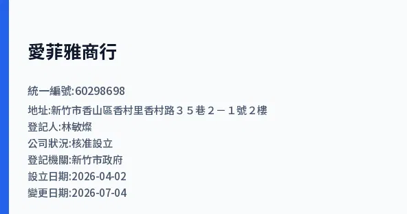 愛菲雅商行的照片-統編 60298698(新竹市) 公司登記資料與營業項目詳細圖表