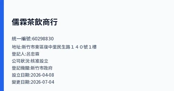 儒霖茶飲商行的照片-統編 60298830(新竹市) 公司登記資料與營業項目詳細圖表