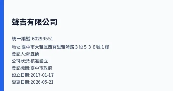 聲吉有限公司的照片-統編 60299551(臺中市) 公司登記資料與營業項目詳細圖表