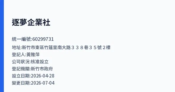 逐夢企業社的照片-統編 60299731(新竹市) 公司登記資料與營業項目詳細圖表