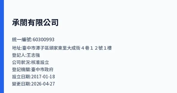 承閤有限公司的照片-統編 60300993(臺中市) 公司登記資料與營業項目詳細圖表