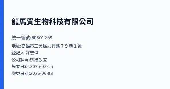龍馬賀生物科技有限公司的照片-統編 60301259(高雄市) 公司登記資料與營業項目詳細圖表