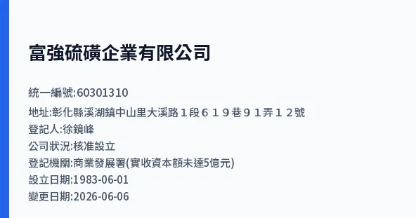 富強硫磺企業有限公司的照片-統編 60301310(彰化縣) 公司登記資料與營業項目詳細圖表