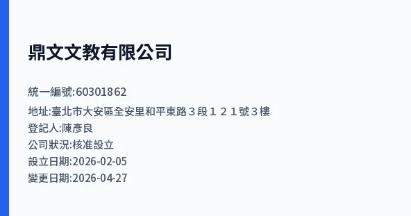 鼎文文教有限公司的照片-統編 60301862(臺北市) 公司登記資料與營業項目詳細圖表