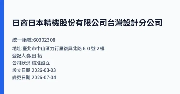 日商日本精機股份有限公司台灣設計分公司的照片-統編 60302308(臺北市) 公司登記資料與營業項目詳細圖表