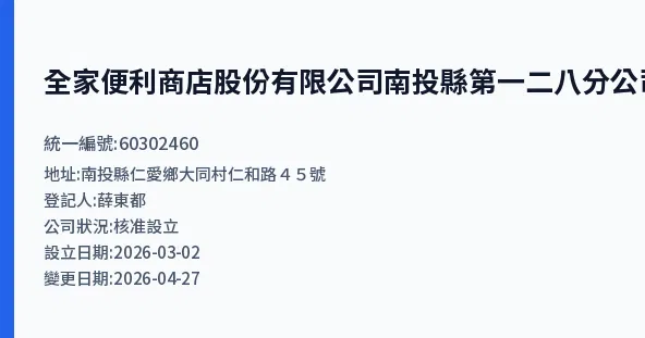全家便利商店股份有限公司南投縣第一二八分公司的照片-統編 60302460(南投縣) 公司登記資料與營業項目詳細圖表